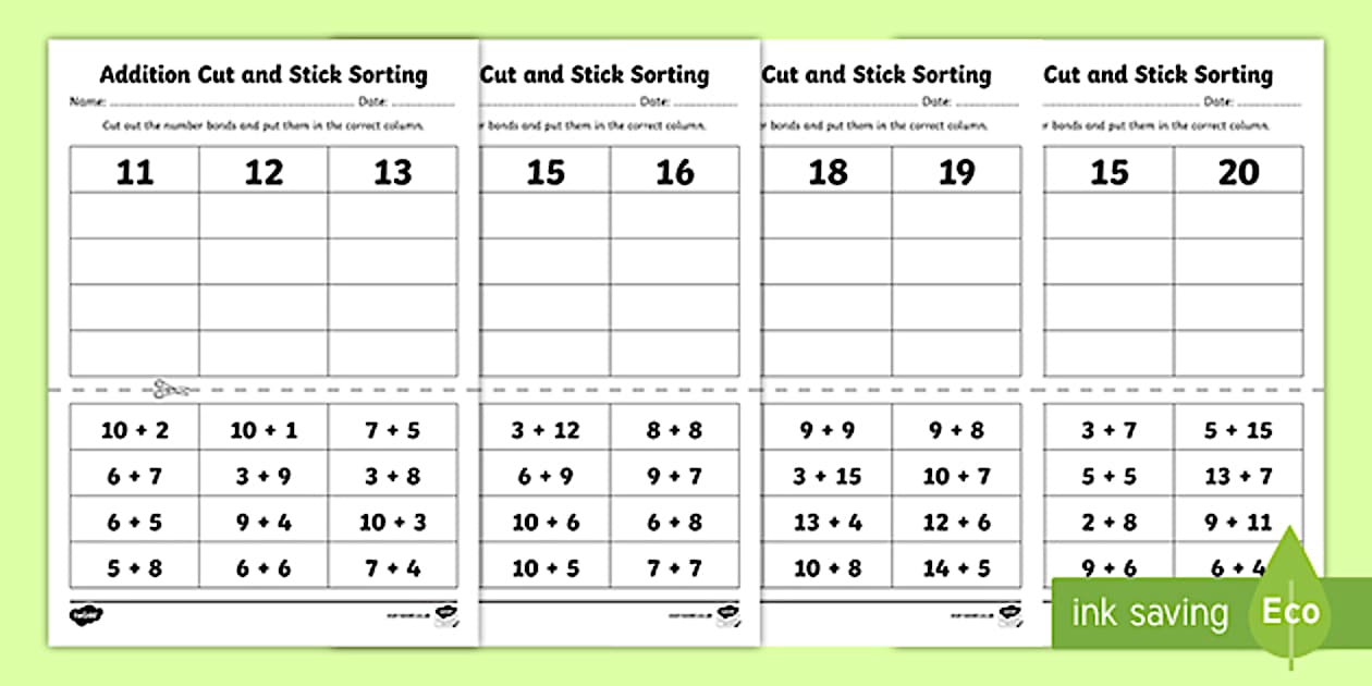 Editable Number Bonds within 20 Cut and Stick Activity