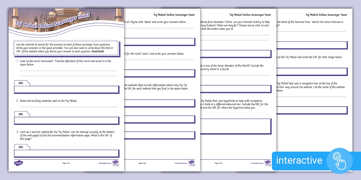 Taj Mahal Online Scavenger Hunt (teacher made) - Twinkl