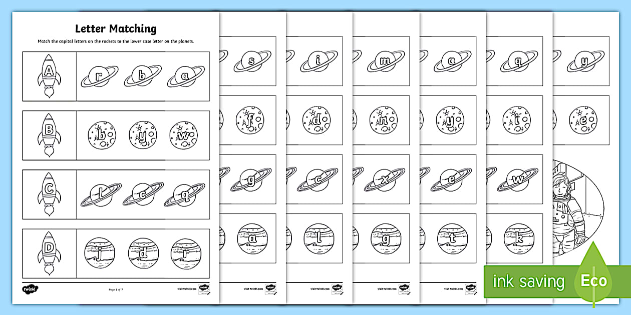 Space Themed Alphabet Capital Letter Matching Worksheet