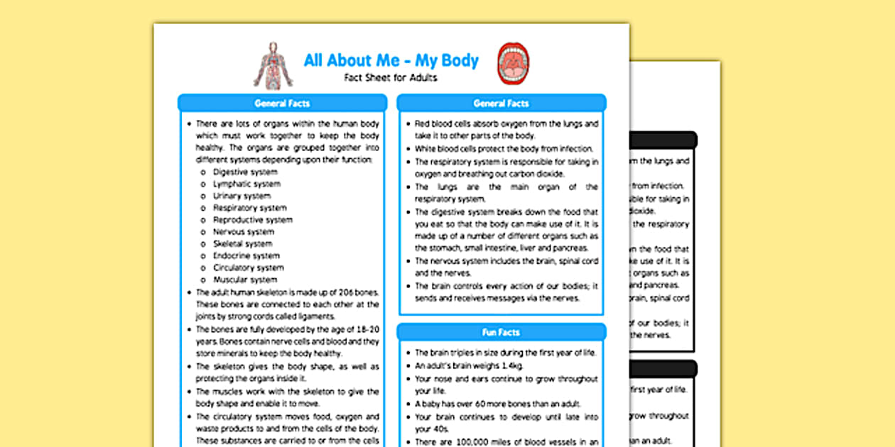 Black and White All About Me My Body Fact Sheet for Adults
