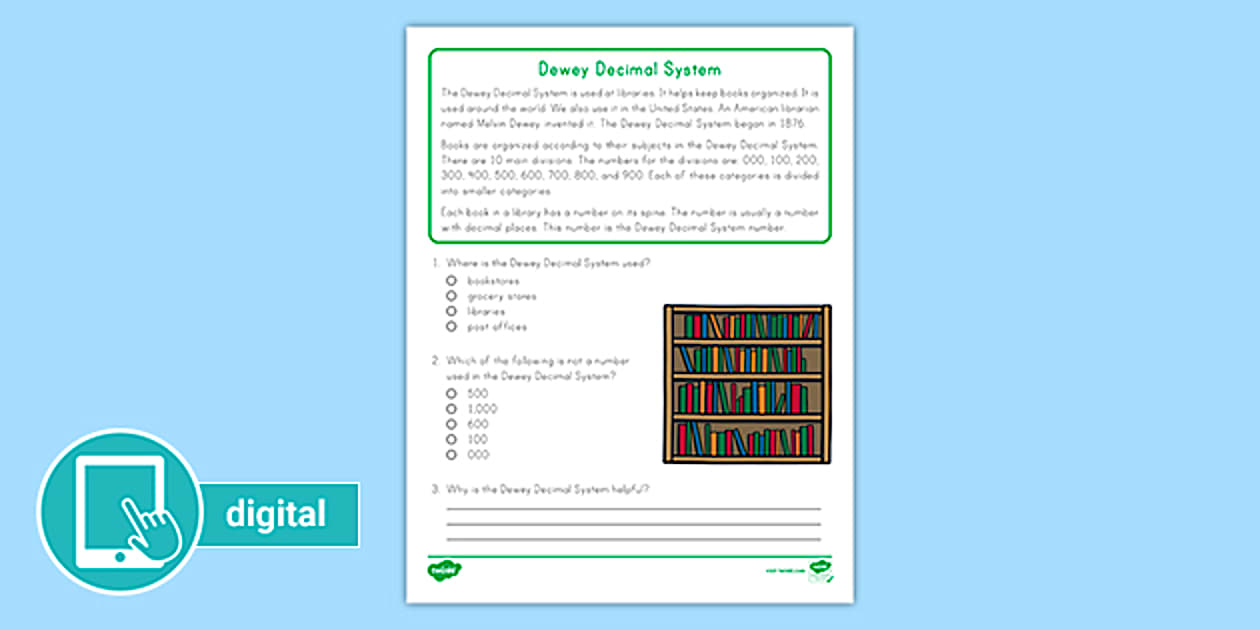 Second Grade Dewey Decimal System Reading Passage Comprehension Activity