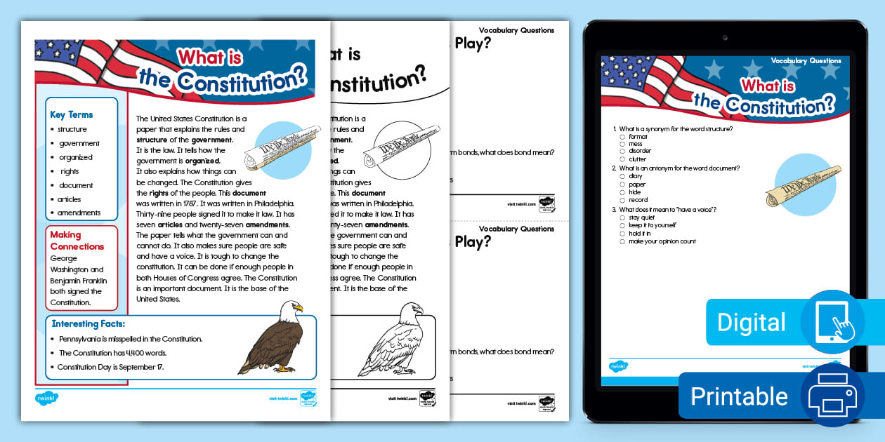 Second Grade What Is the Constitution? Fact File and Vocabulary Questions