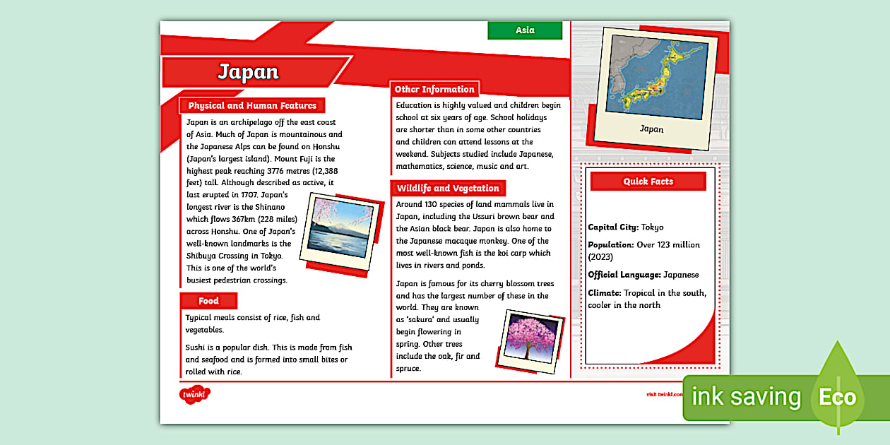 KS2 Japan Fact File - Asia - Geography - KS2 (teacher made)