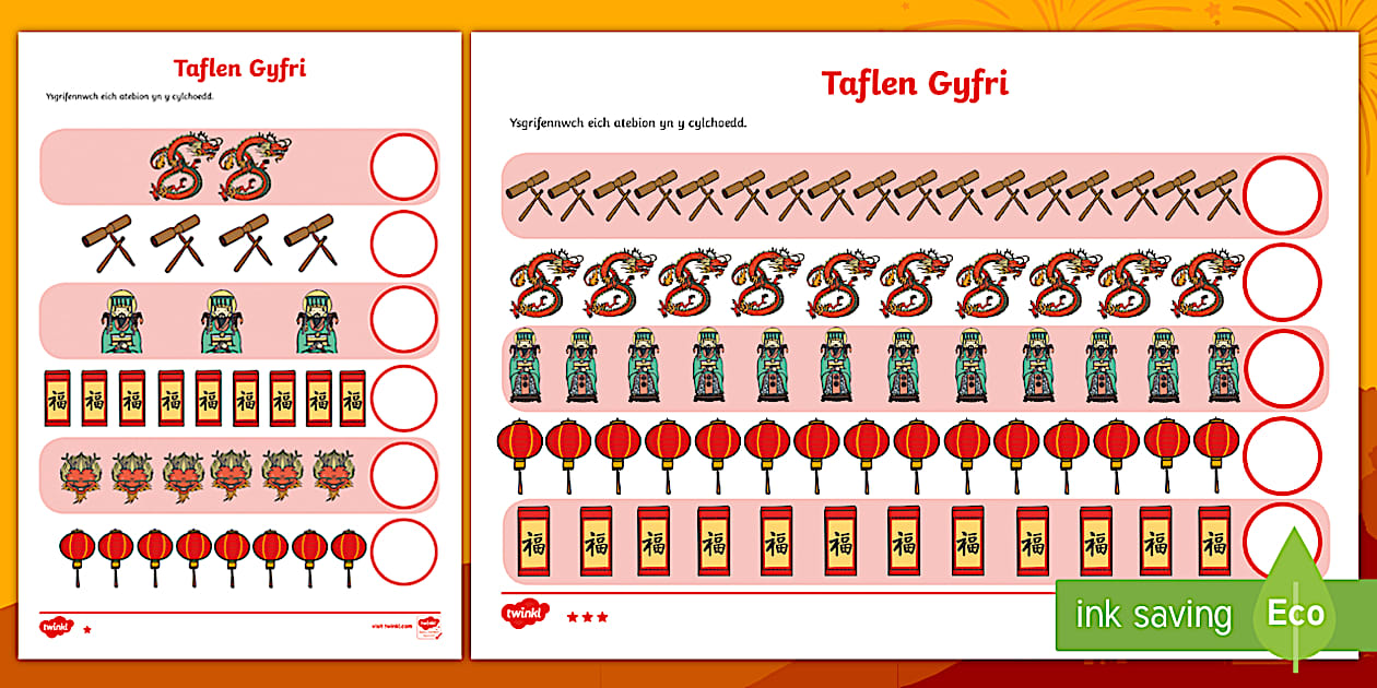 Taflen Weithgaredd Cyfri Blwyddyn Newydd Tsieineaidd (gwahaniaethol)