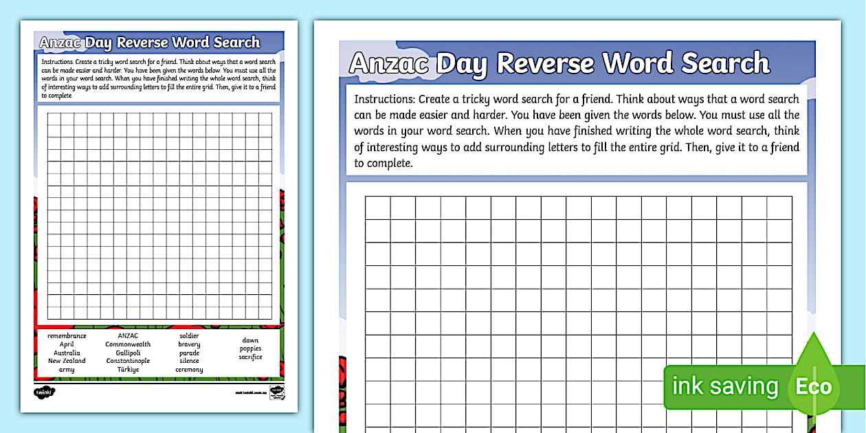 Anzac Day Reverse Word Search (teacher made) - Twinkl