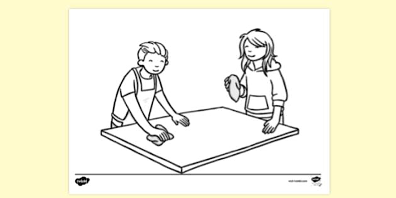 Boy and Girl Cleaning Table Colouring Sheet - Twinkl