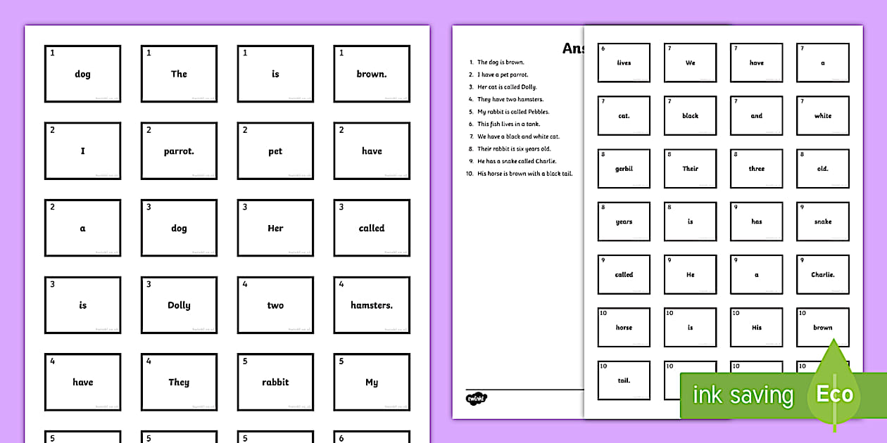 Pets Sentence Construction Cards (Hecho por educadores)