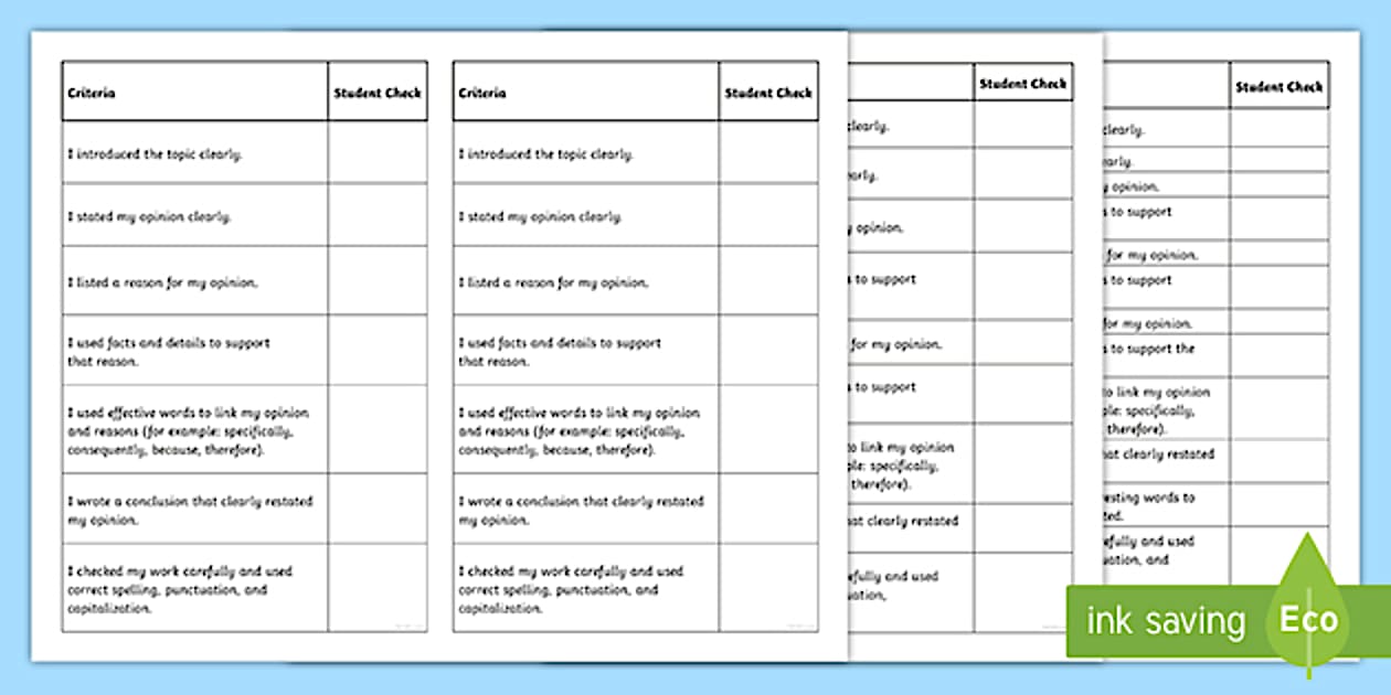 Fifth Grade Opinion Writing Genre Differentiated Checklist