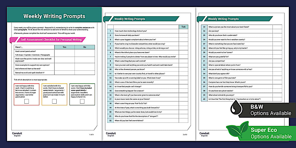 Weekly Writing Prompts and Self-Evaluation (teacher made)