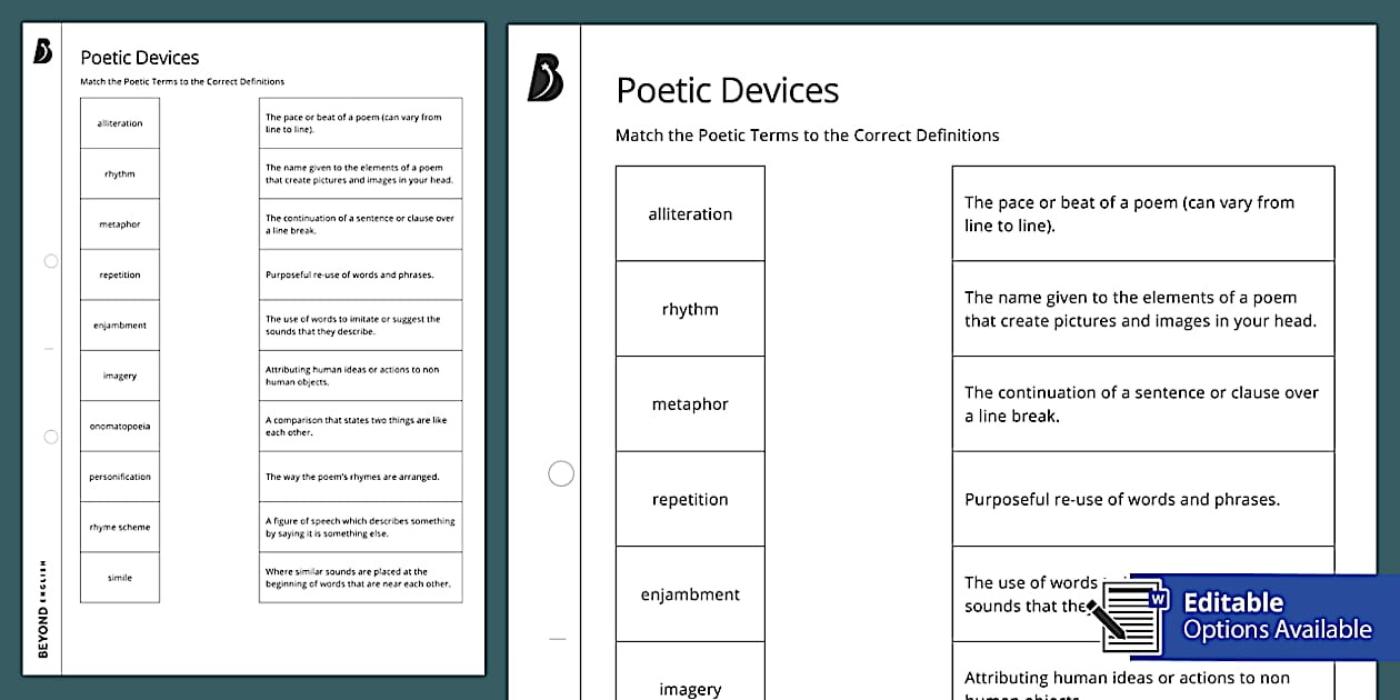 Editable Poetic Devices in English: Match and Draw - Twinkl