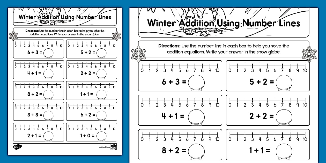 Kindergarten Winter Addition Using Number Lines Worksheet