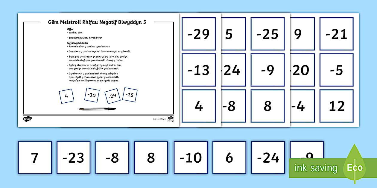 Gêm Meistroli Rhifau Negatif a Gwerth Lle Blwyddyn 5