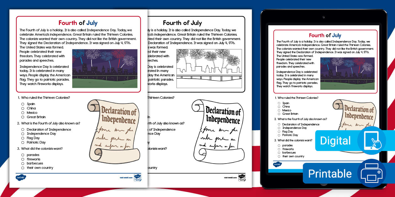 First Grade 4th of July Reading Passage Comprehension