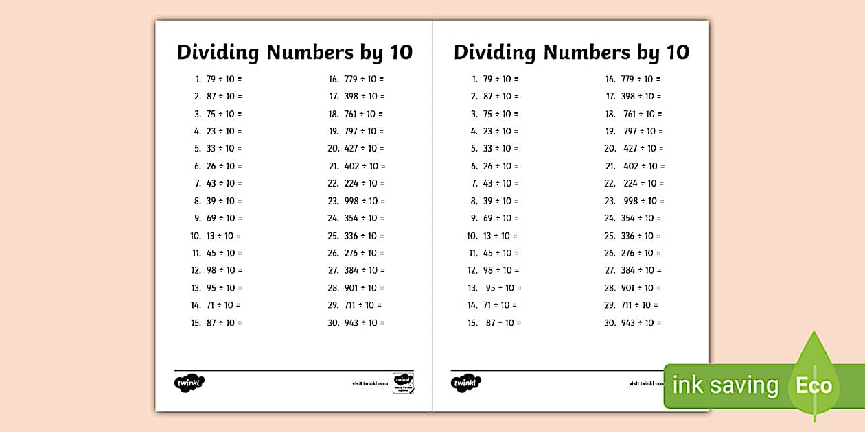 Dividing Numbers by 10 A5 Worksheet / Worksheet - Twinkl
