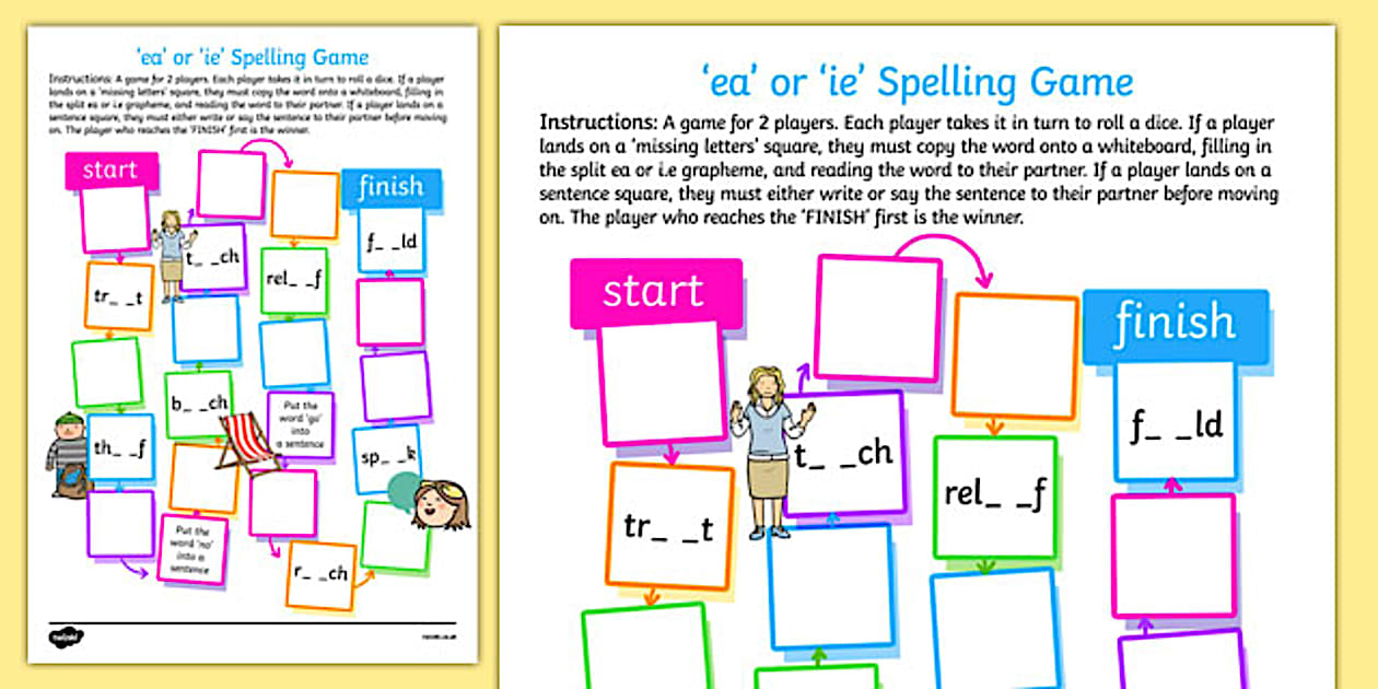Black and White 'ea' or 'ie' Spelling Board Game - Twinkl