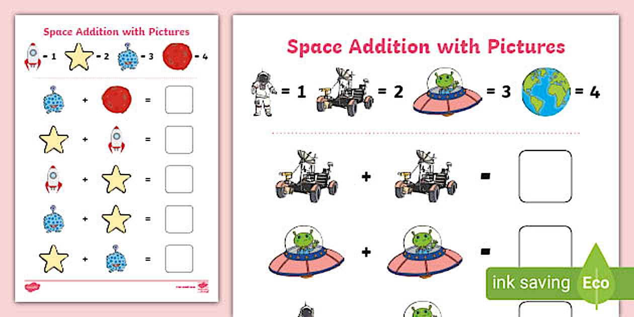 Space Themed Addition with Pictures Worksheet / Worksheet Pack