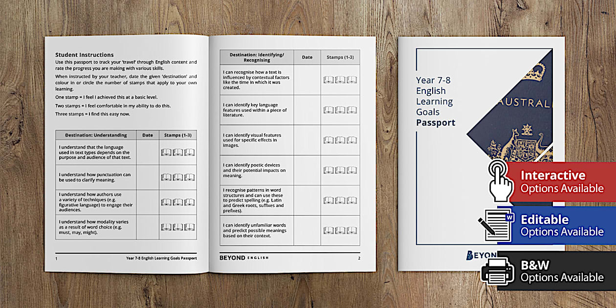 Year 7-8 English Learning Goals Passport - Twinkl