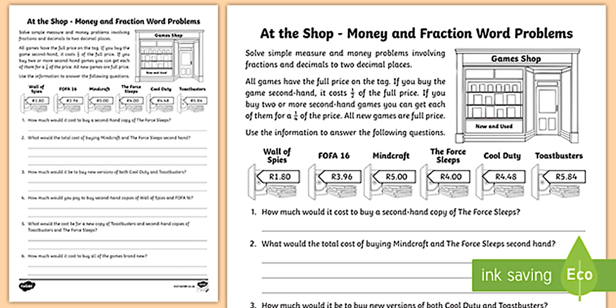 At the Shop - Money and Fraction Word Problems - Twinkl