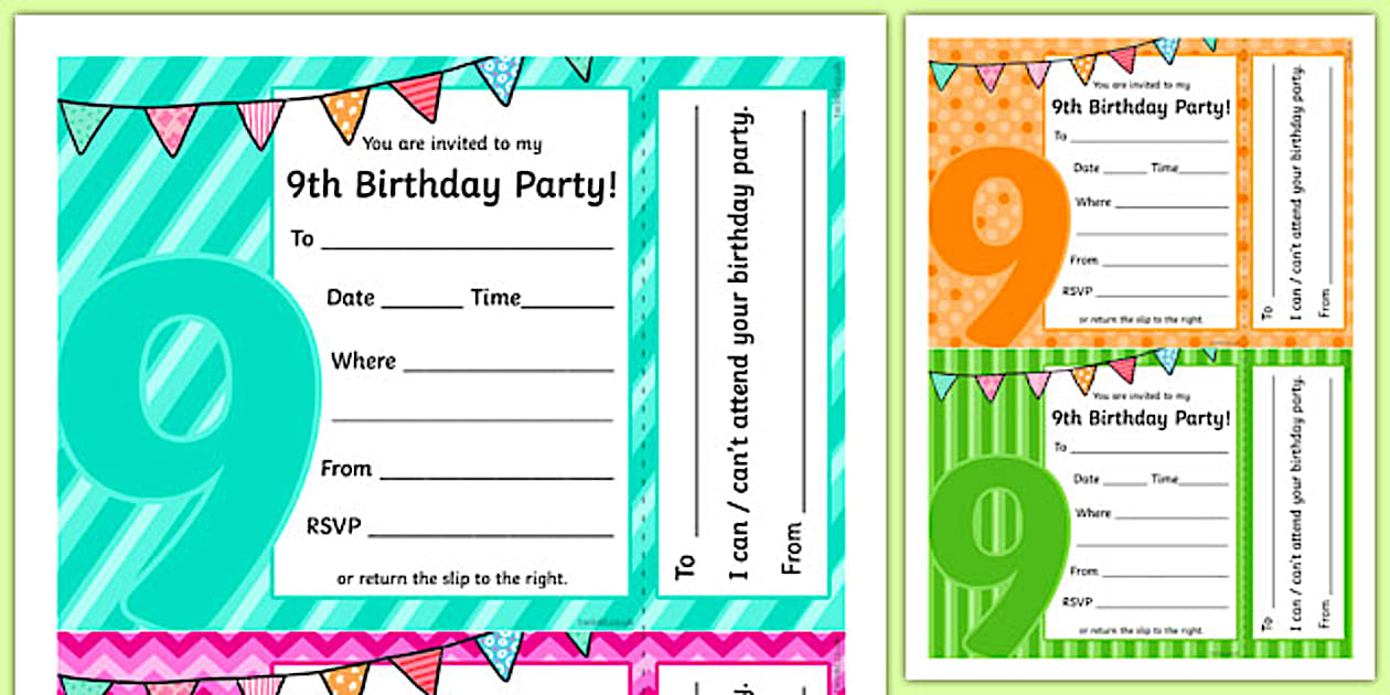 Editable 9th Birthday Party Invitations (teacher made)