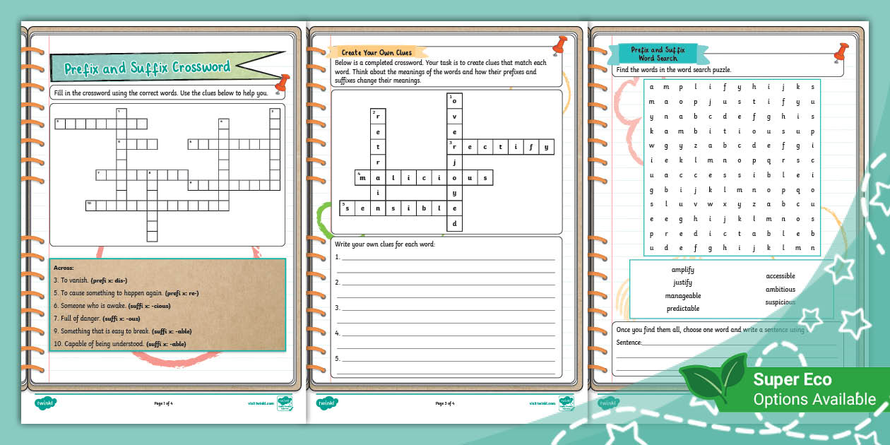 Prefixes and Suffixes Crosswords and Word Search (Ages 9 - 11)