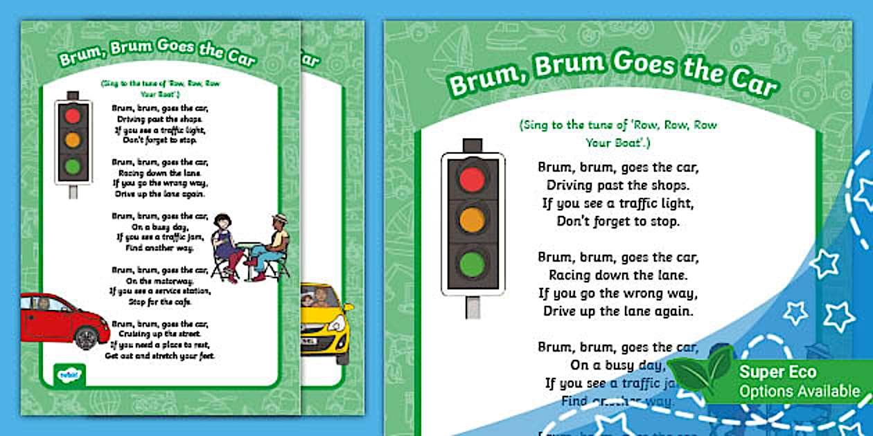 Brum, Brum Goes the Car Song Sheet for Kids - Twinkl