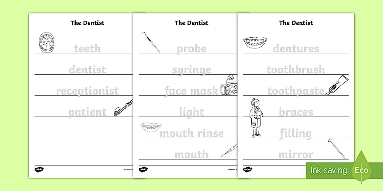 The Dentist Aistear Trace the Words Worksheet (teacher made)