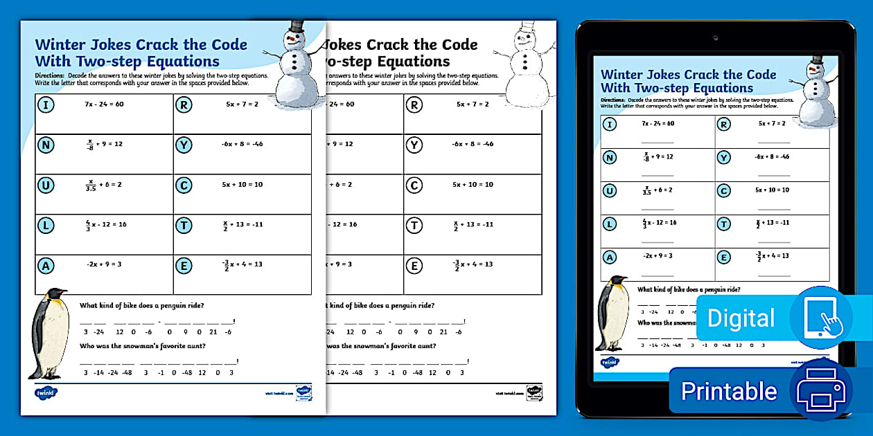Eighth Grade Winter Jokes Crack the Code With Two-step Equations Worksheet