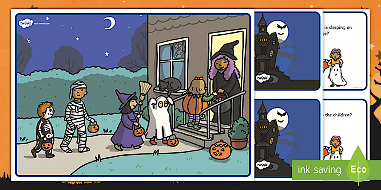 Halloween Scene and Question Cards (teacher made) - Twinkl