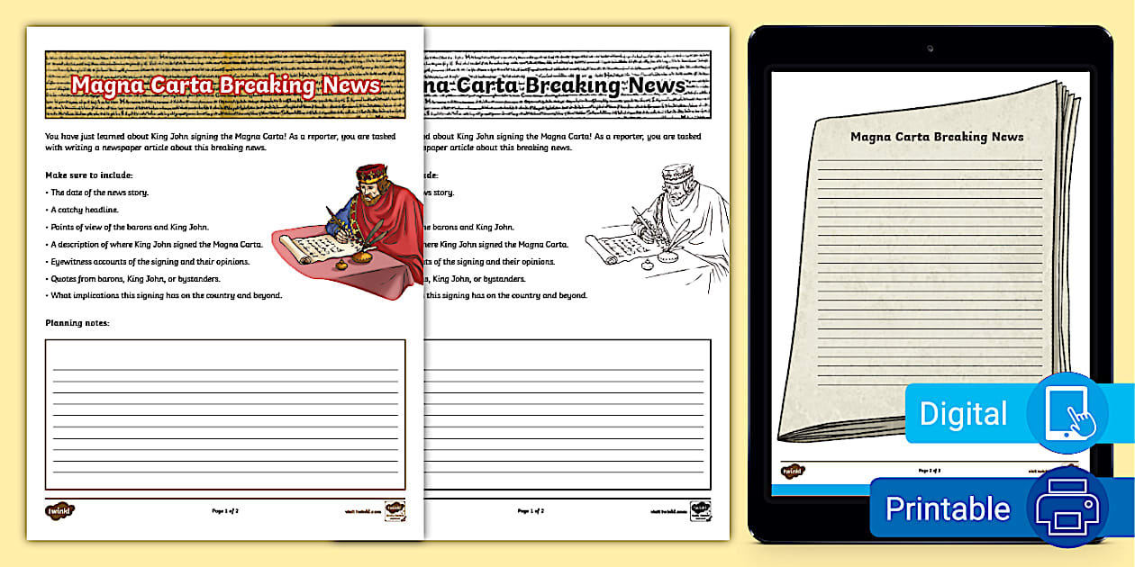 Fourth Grade Magna Carta Breaking News Writing Worksheet