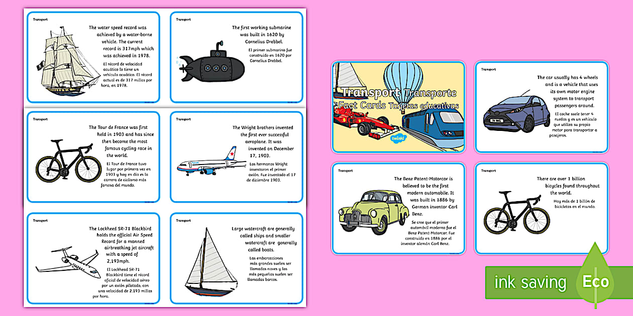 Amazing Transport Fact Cards English/Spanish - Transport Display Fact Cards