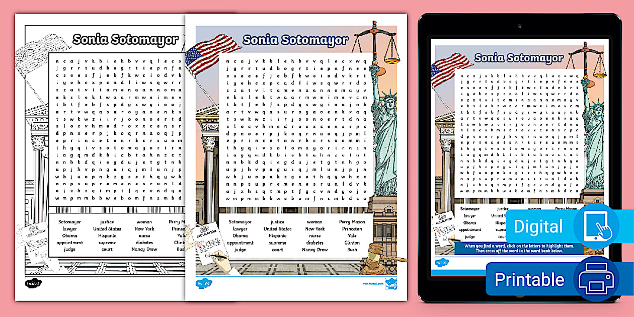 Eighth Grade Hispanic Heritage Month Sonia Sotomayor Word Search