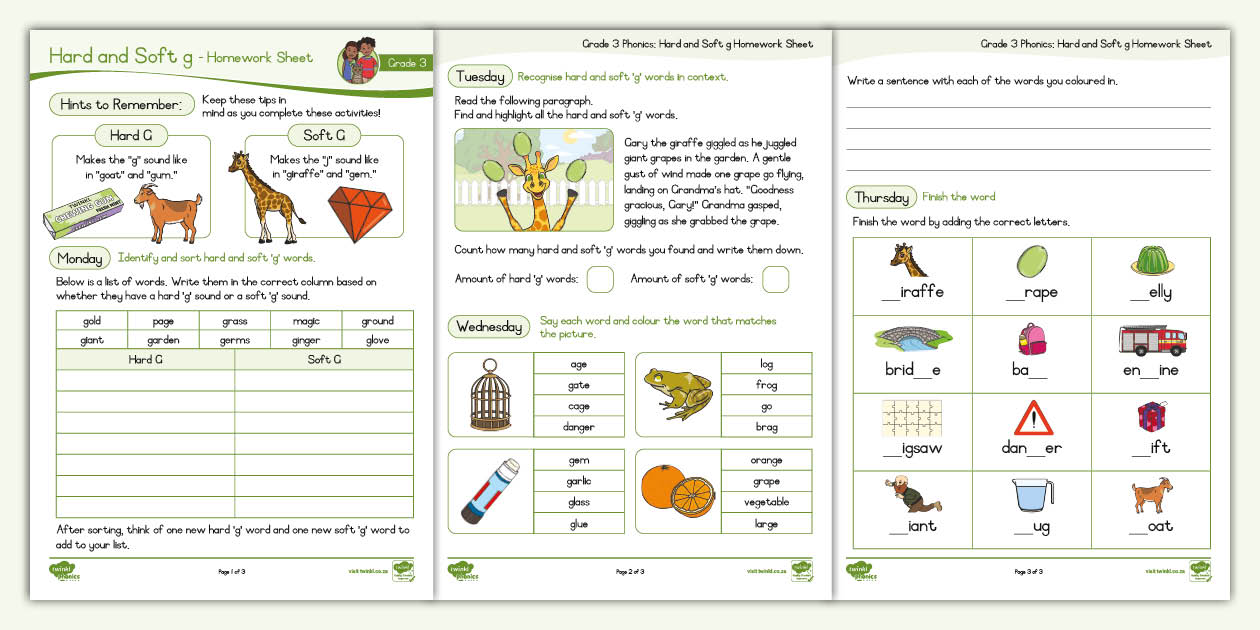 Grade 3 Phonics: Hard and Soft g Homework Sheet - Twinkl