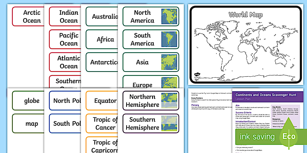 Continents and Oceans Scavenger Hunt Lesson Teaching Pack