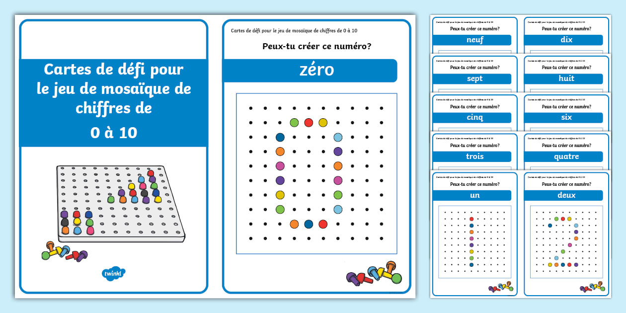 Cartes de défi pour le jeu de mosaïque de chiffres de 0 à 10