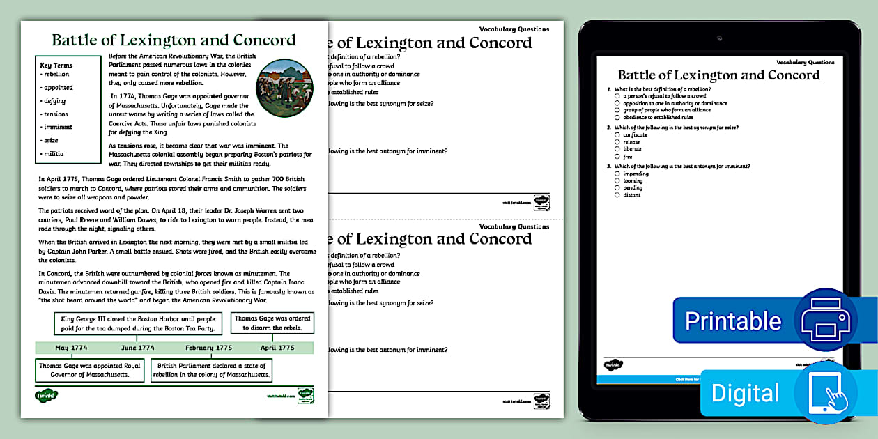 Seventh Grade Battle of Lexington and Concord Fact File and Vocabulary