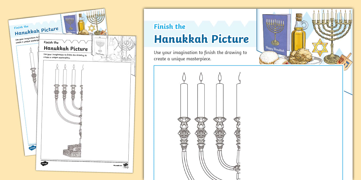 Finish the Hanukkah Picture Worksheet Twinkl (teacher made)