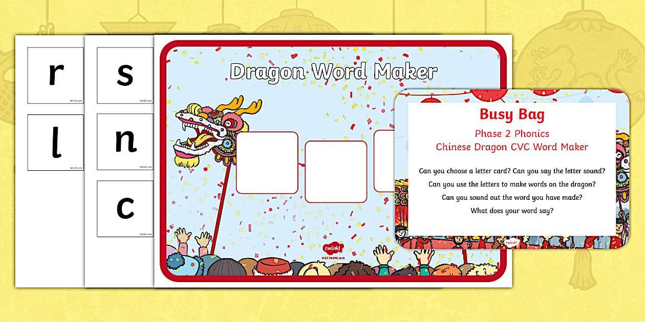 Phase 2 Phonics Chinese Dragon CVC Word Maker Busy Bag Pack
