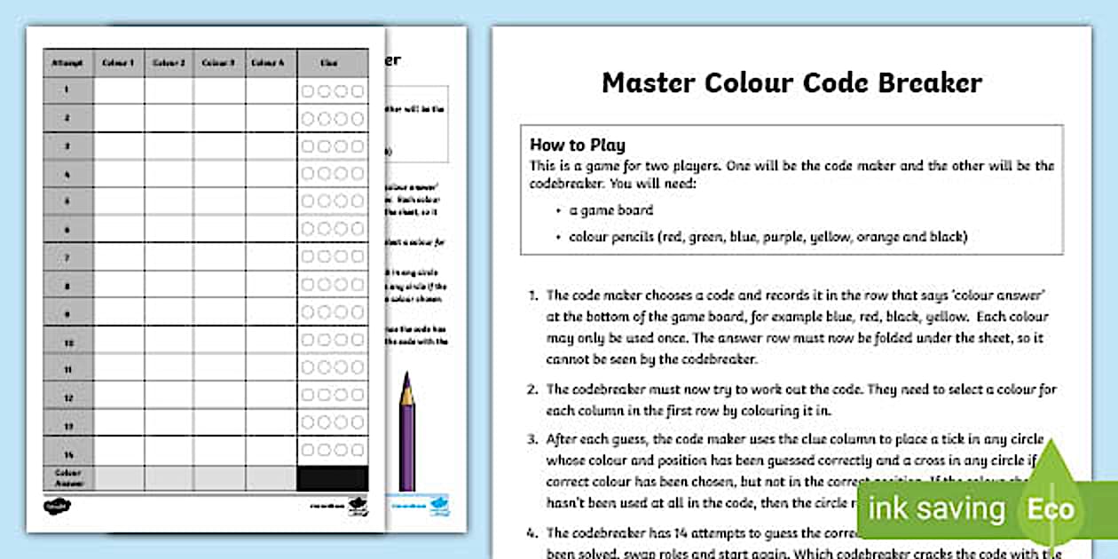Master Colour Code Breaker Board Game (teacher made)