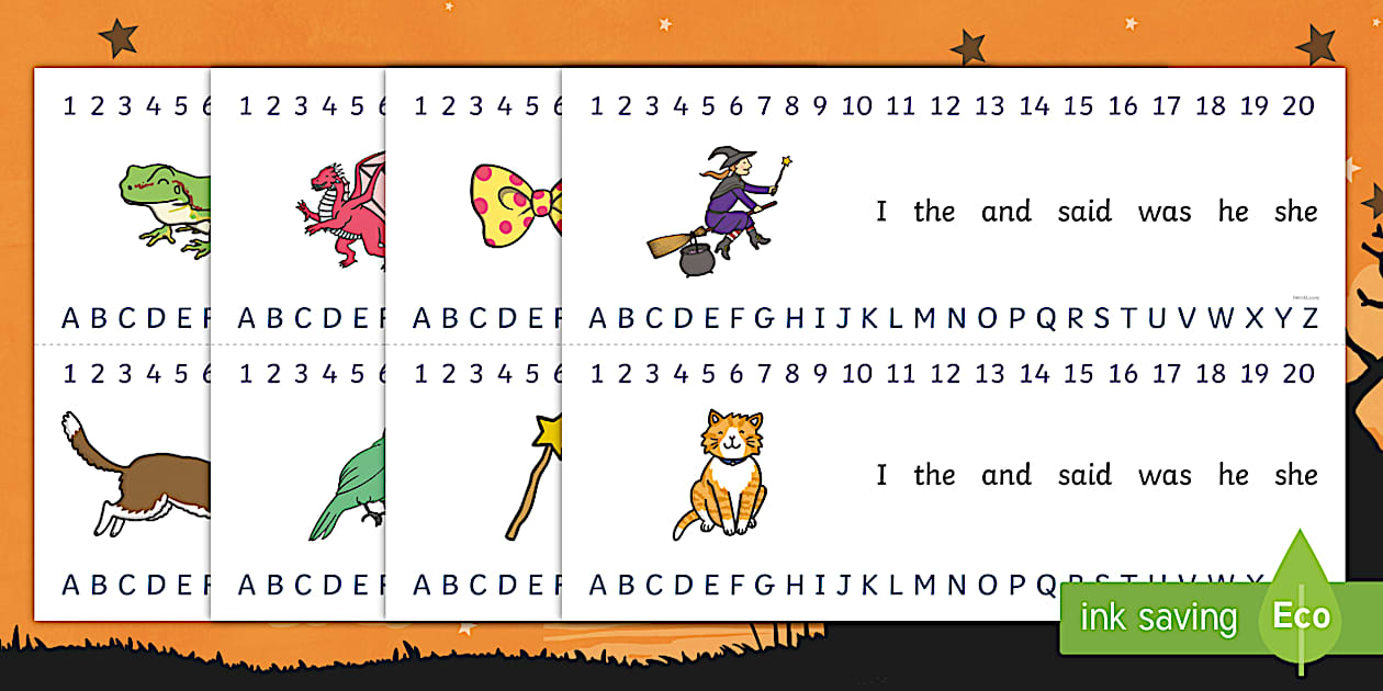 Witch and Animals Combined Number and Alphabet Strips