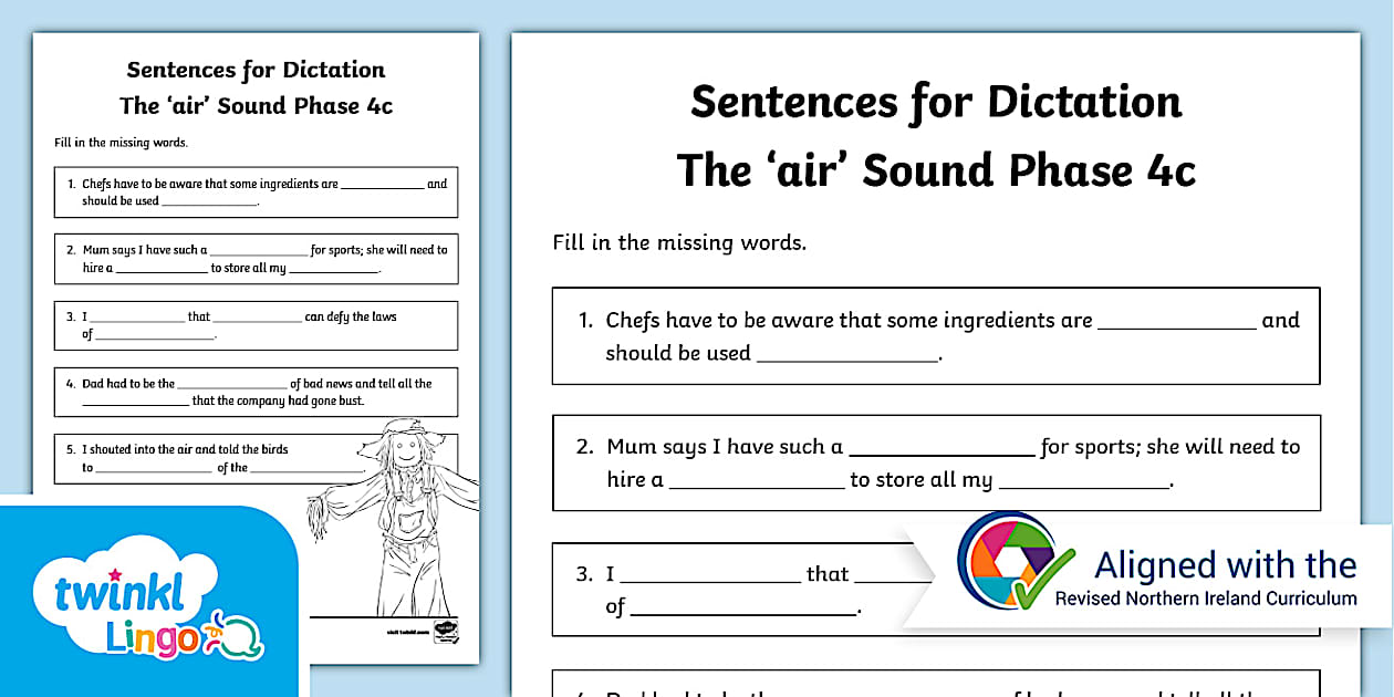 Linguistic Phonics Phase 4c 'air' Dictation Sentences Teacher Worksheet