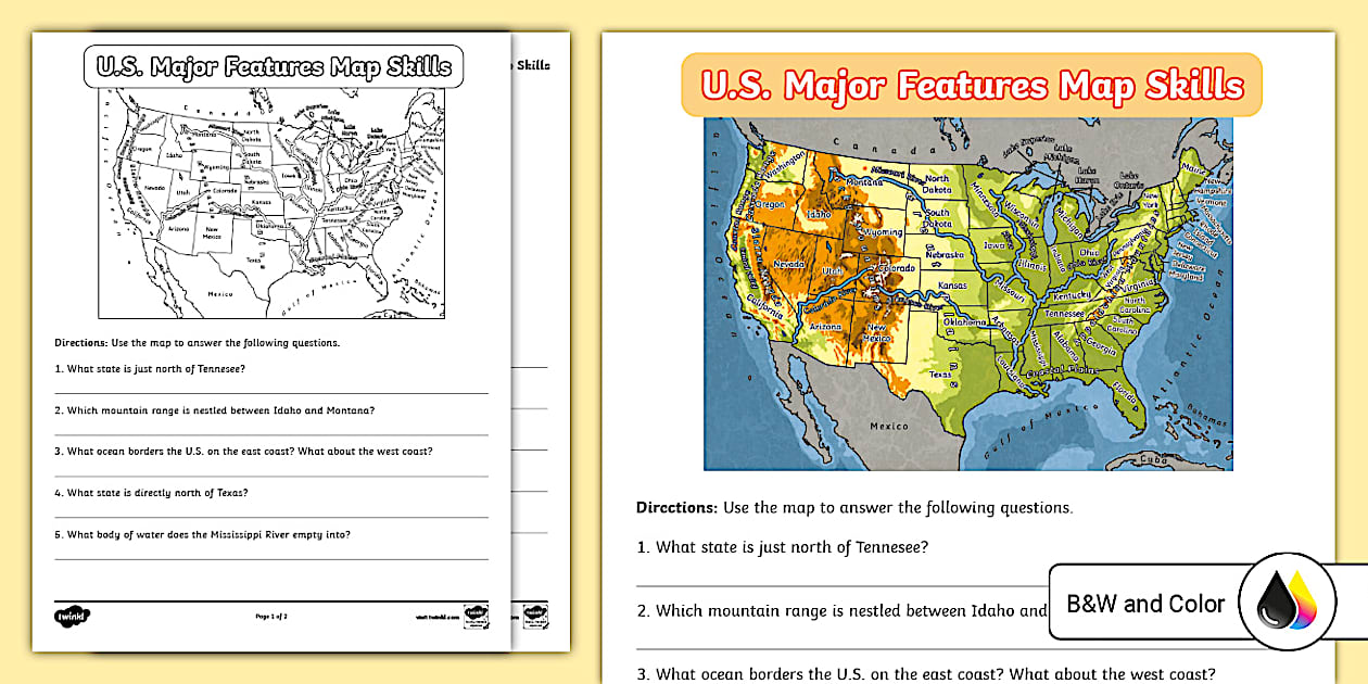 Fifth Grade U.S. Major Features Map Skills Worksheet