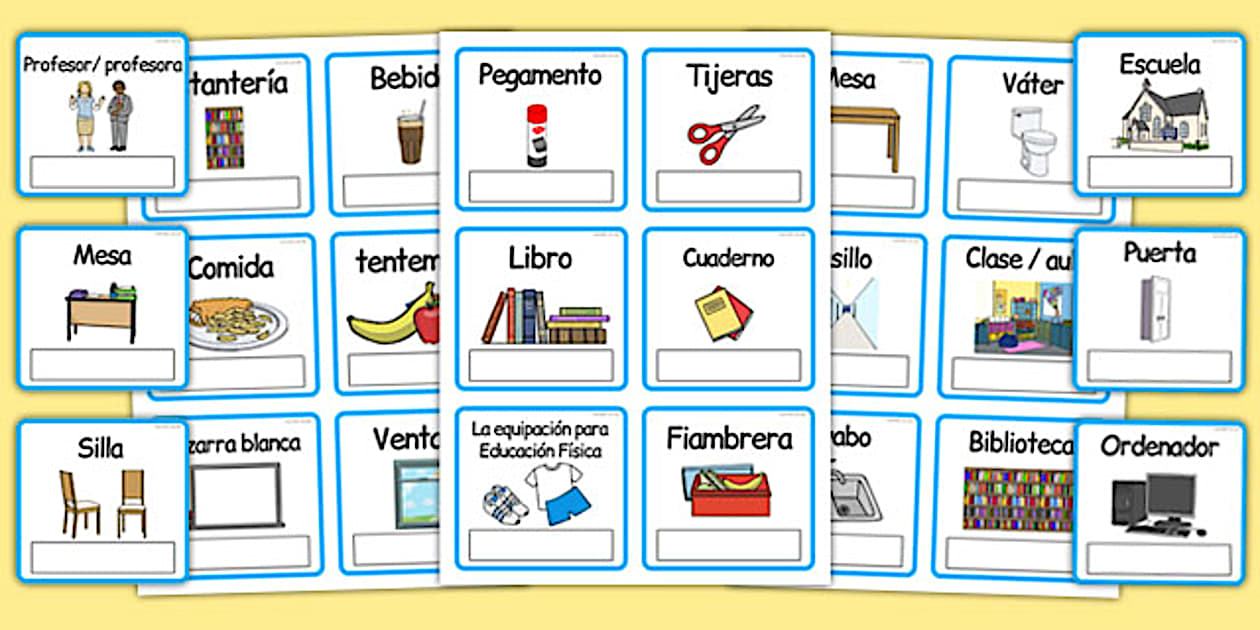 EAL Everyday Objects at School Editable Cards Spanish