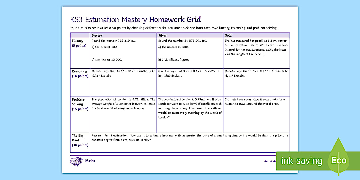 Homework Grid: Estimation Questions | KS3 Maths | Beyond