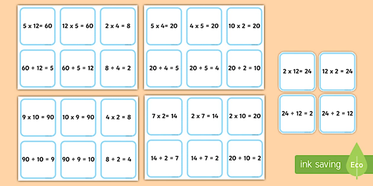 Matching Multiplication and Division Fact Family Game