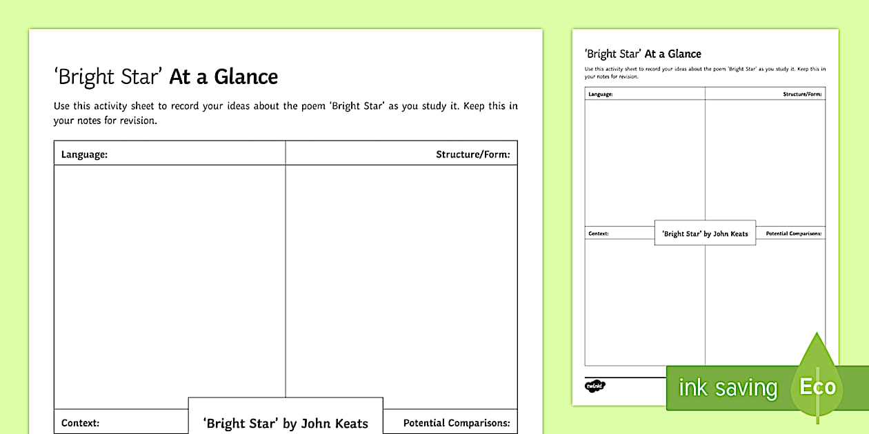 Editable At a Glance Worksheet to Support Teaching on 'Bright Star' by John