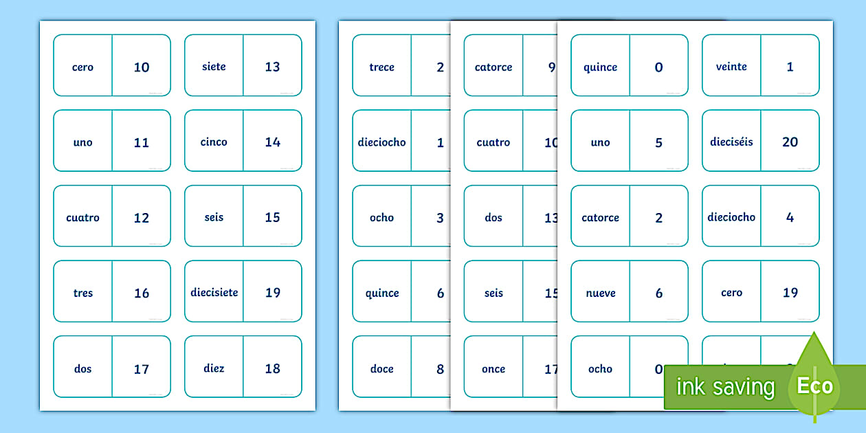 Numbers 0 to 20 Dominoes English/Spanish (teacher made)
