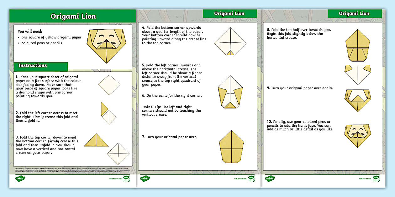 Origami Lion Craft Instructions (teacher made) - Twinkl