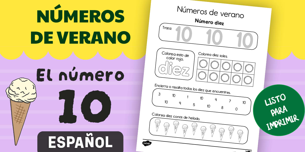 Números de verano: Hoja de trabajo del número diez