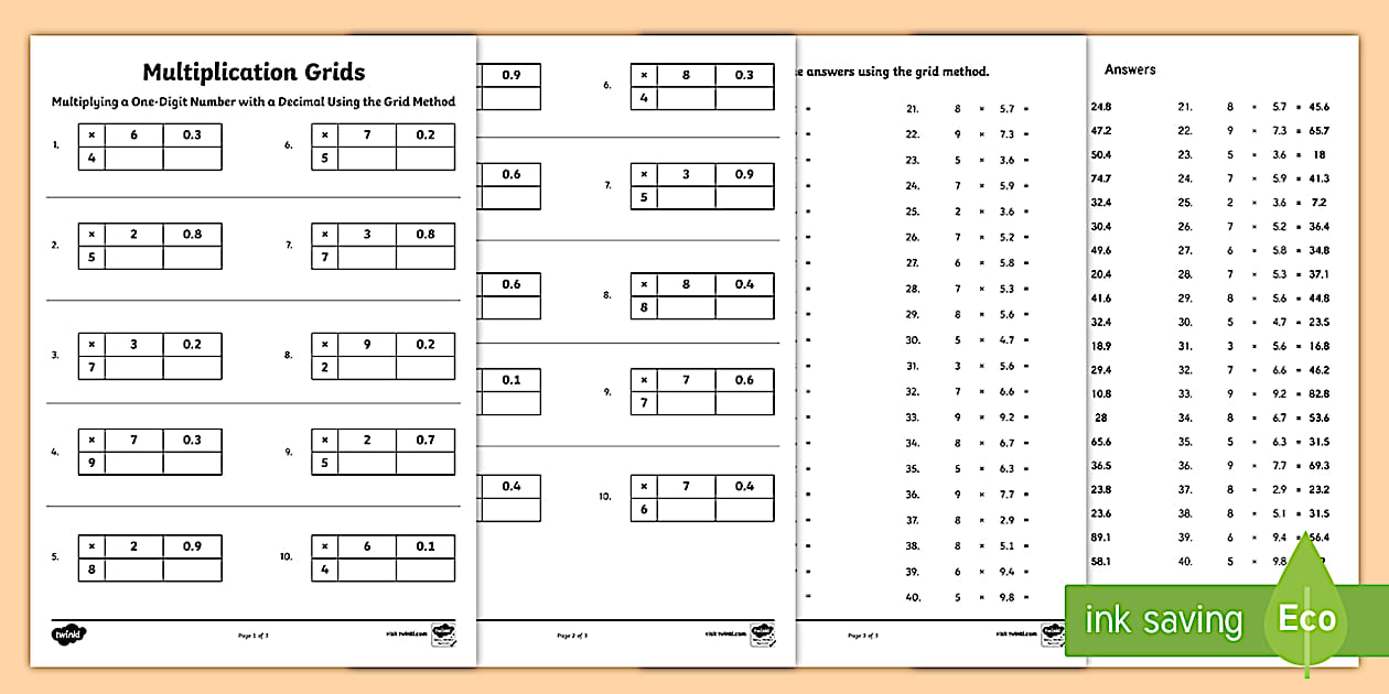 Multiplying Decimals Grid Method Worksheet - Maths Resource