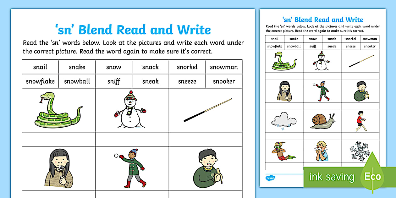 Cursive 'sn' Blends Read and Write Worksheet - Twinkl